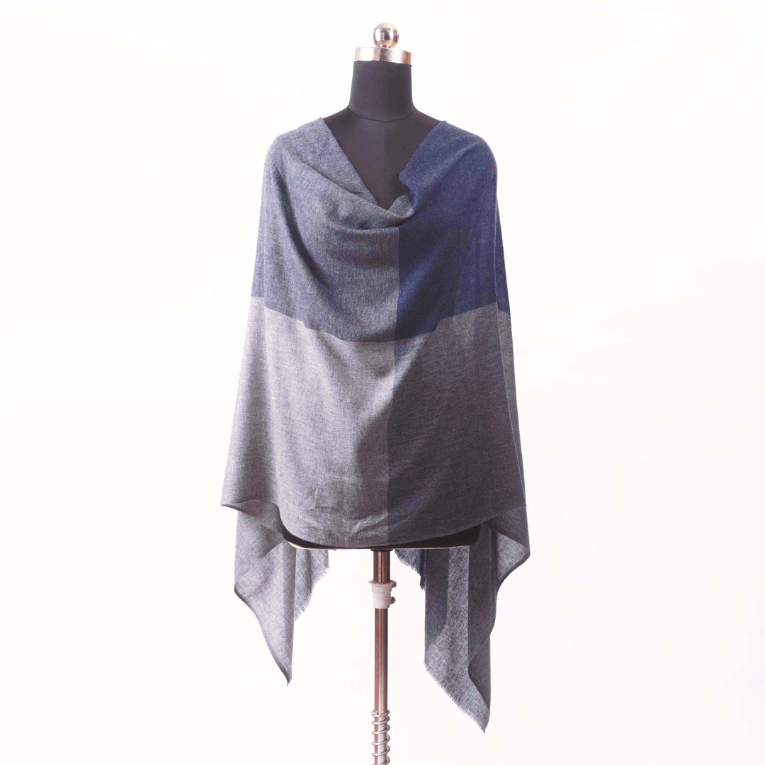 Dark Blue and Grey Fine Wool Scarf, Woven With Four Square Pattern ...
