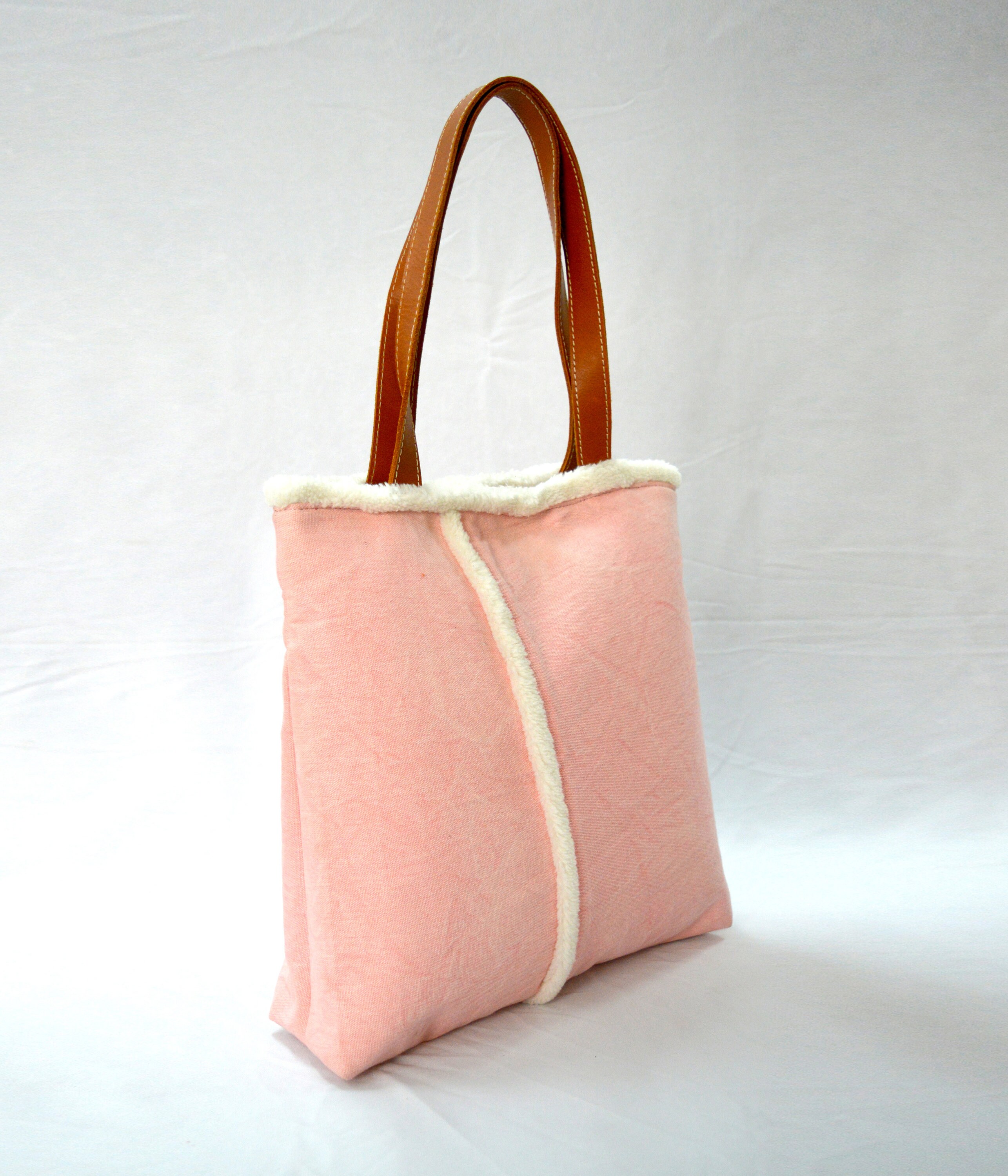 SALE Pink Canvas Tote Bag With Pure Leather Handles and Faux | Etsy