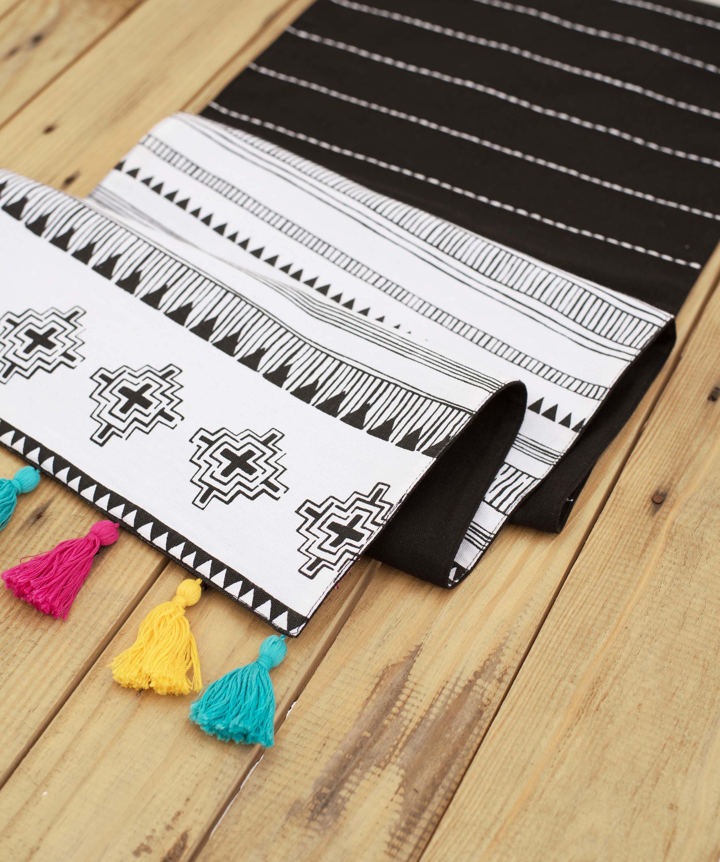Aztec runner geometrical print black and white cotton table | Etsy