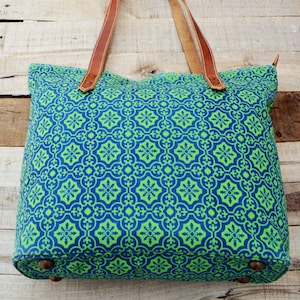 Tote Bag, Laminated Cotton, Turquoise Bag, Retro Print, , Leather Trims ...