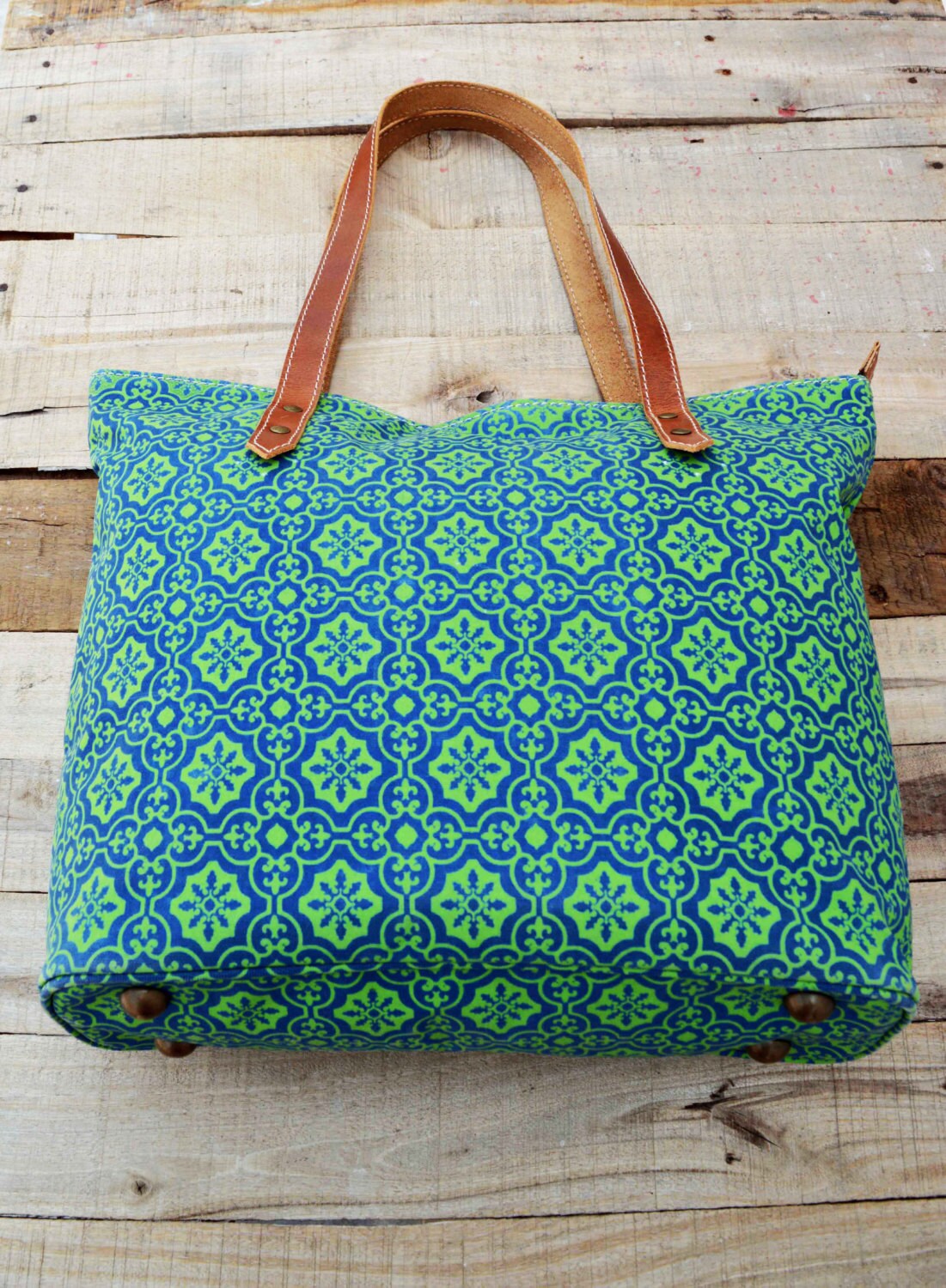 Tote Bag Laminated Cotton Turquoise Bag Retro Print - Etsy