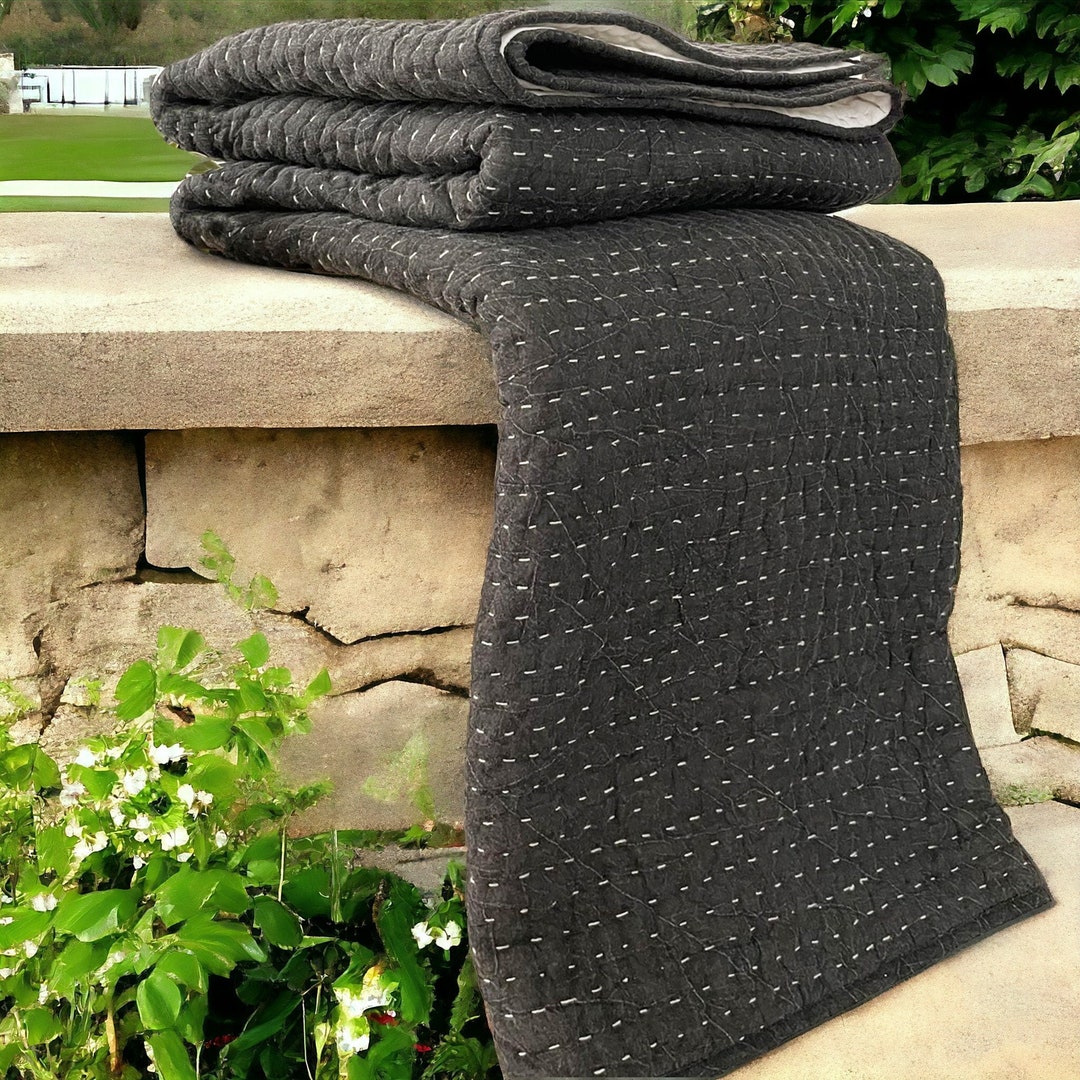 Charcoal Quilted Throw Blanket, Hand Quilted and Stonewashed, Stripe ...