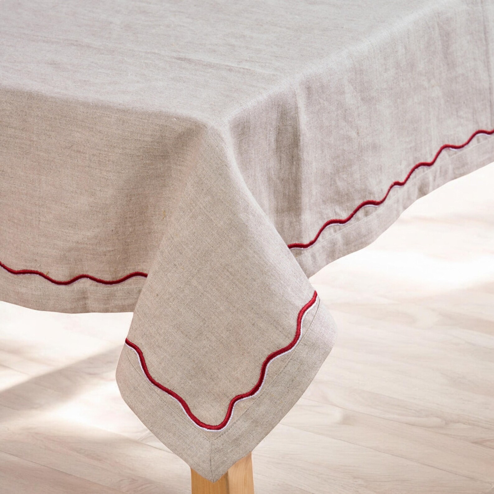 Pure Linen Table Cloth With Wave Embroidery in Red and White Colour ...