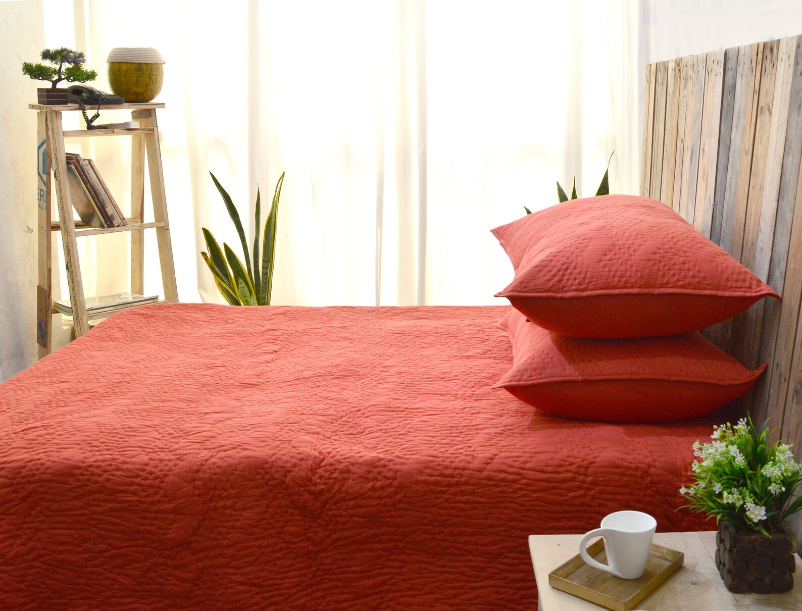 Rust Kantha Quilt With Coordinated Pillow Covers Handquilted - Etsy