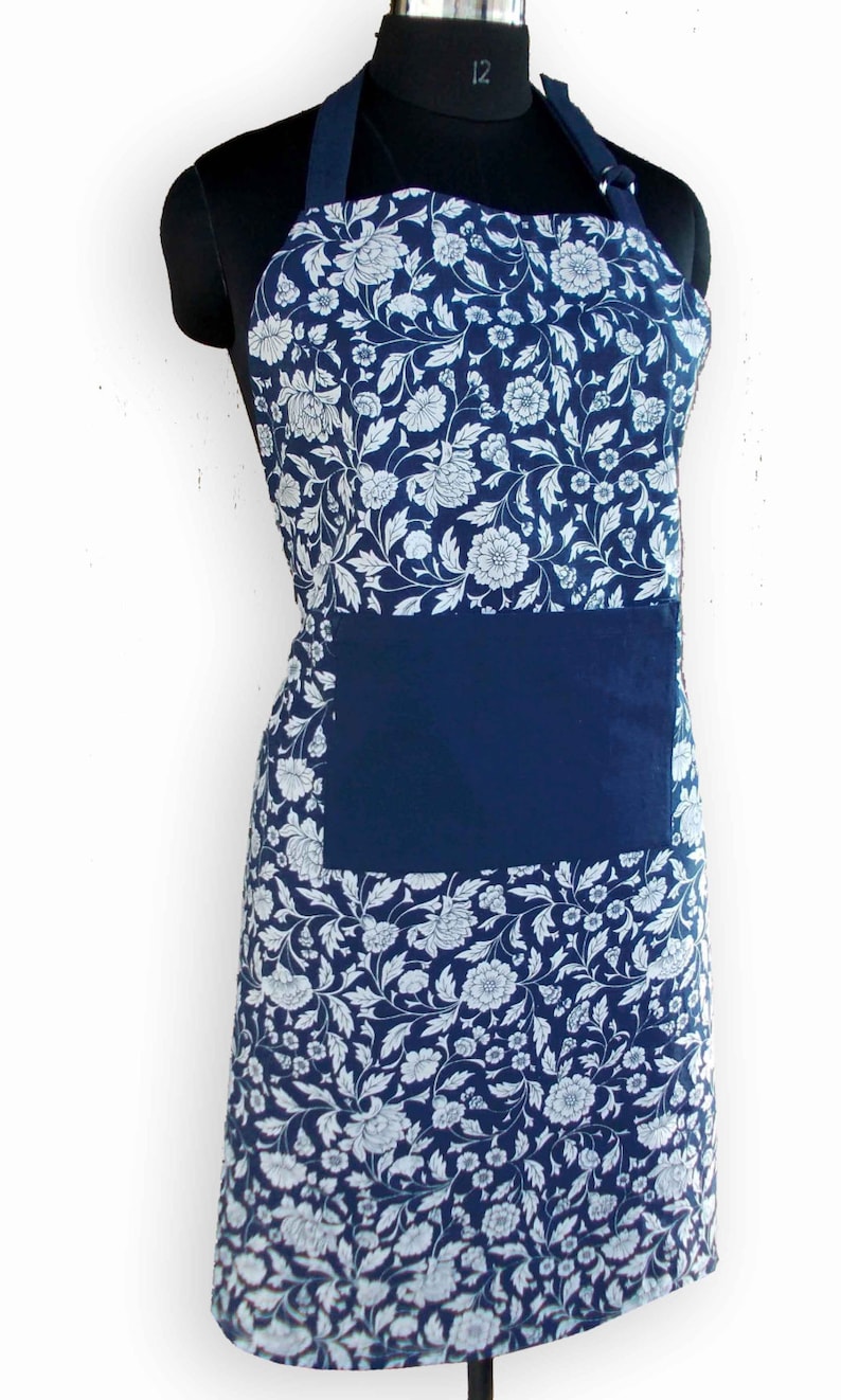 Indigo Color Apron Floral Print Dark Blue Kitchen - Etsy