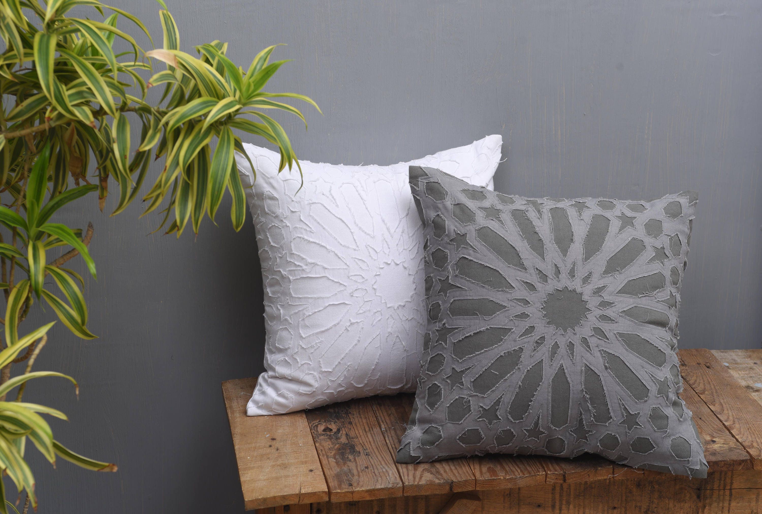 Grey Arabesque Applique' Pillow Cover With Geometrical Pattern in ...