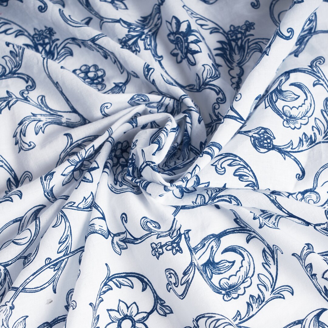 Sheer Printed Fabric, Blue Colour Victorian Swirl Pattern, Fabric by ...