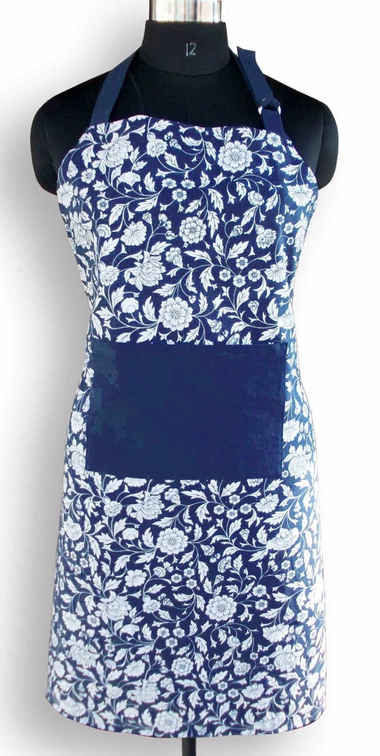 Indigo color apron floral print dark blue kitchen | Etsy