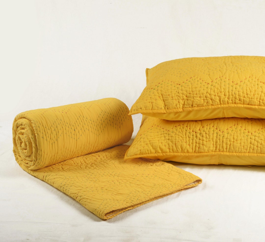 Yellow, Quilt With Coordinated Pillow Covers, Kantha Cotton Bedding ...