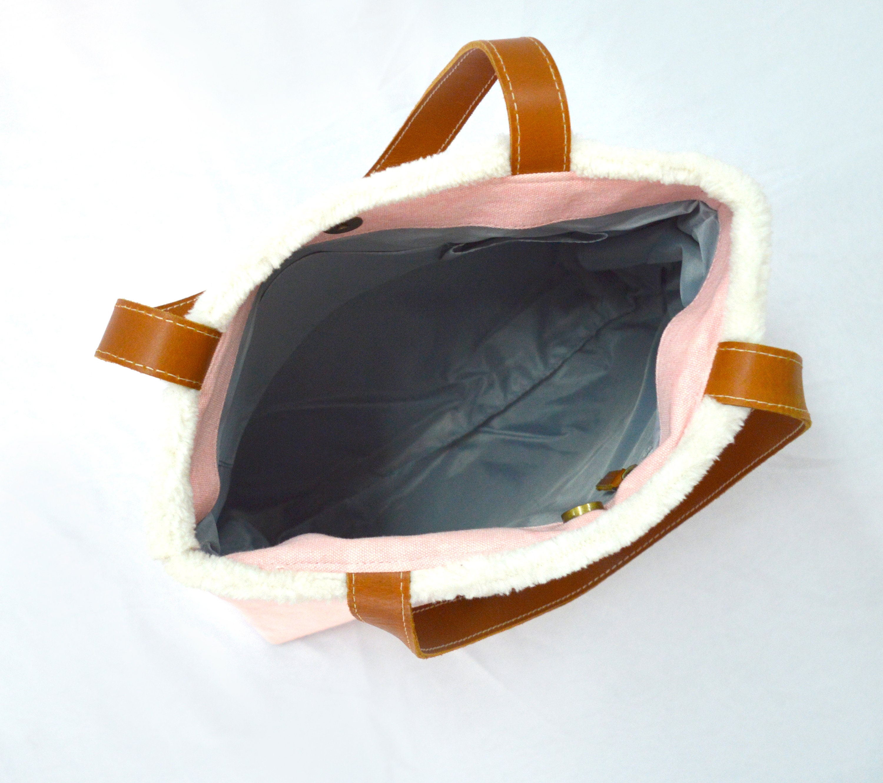 SALE Pink Canvas Tote Bag With Pure Leather Handles and Faux | Etsy