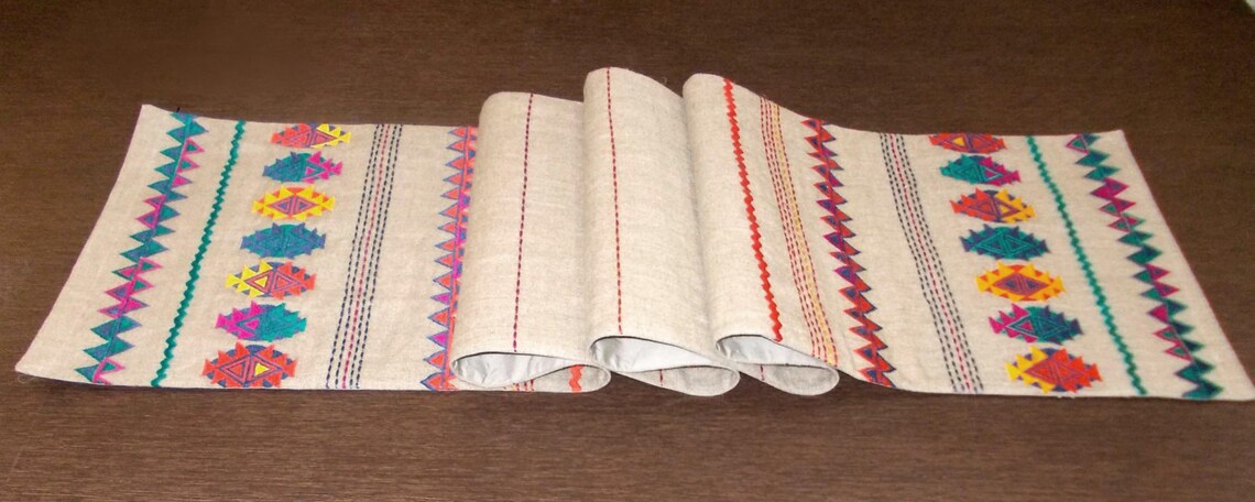 Linen Table Runner Embroidered With Kilim Pattern in - Etsy