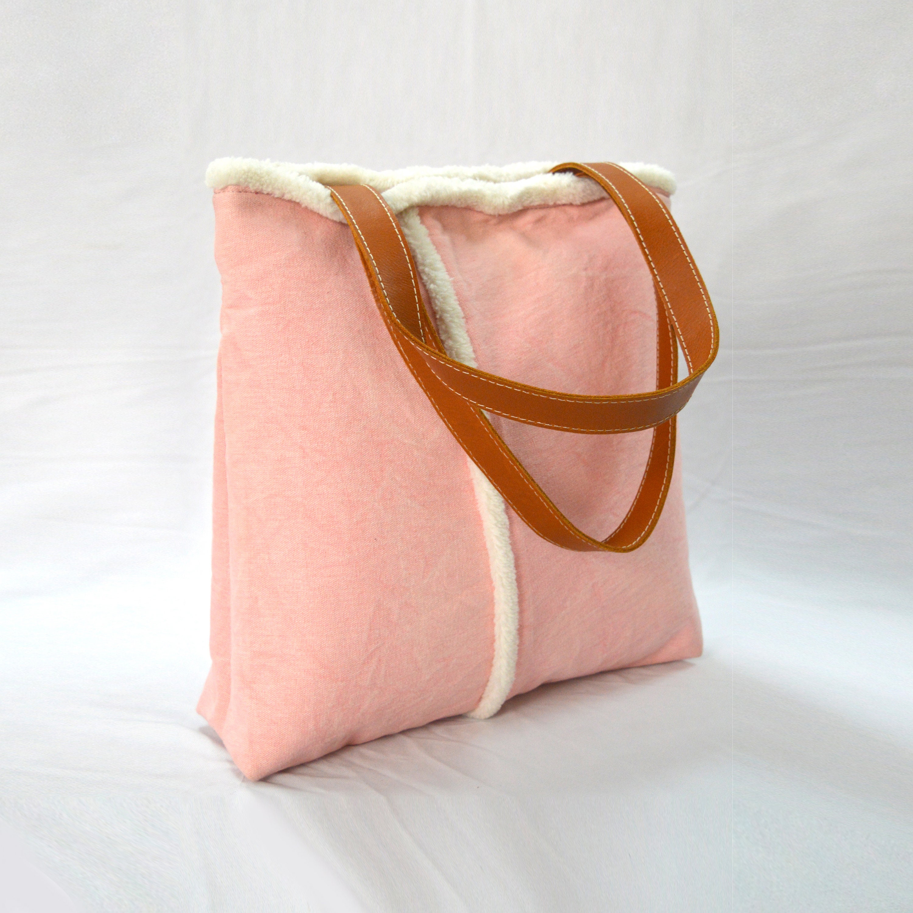 SALE Pink Canvas Tote Bag With Pure Leather Handles and Faux | Etsy