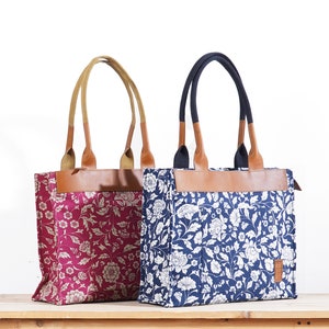 Marsala Print Cotton and Leather Tote Bag, Large Tote, Shoulder Bag. - Etsy