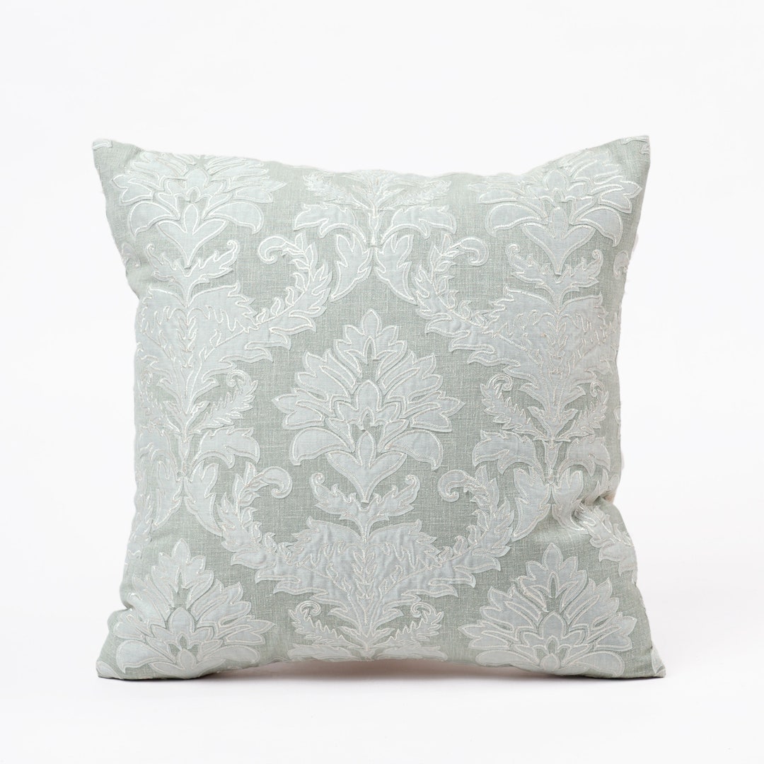 Sage Green Damask Pattern Applique and Embroidery Pillow Cover, Linen ...