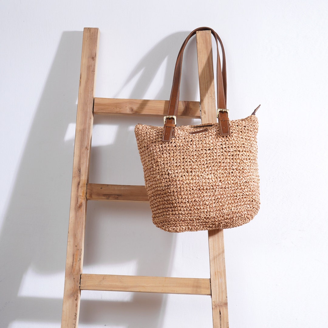 Natural Colour Rafia Tote Bag With Real Tan Leather Handle - Etsy