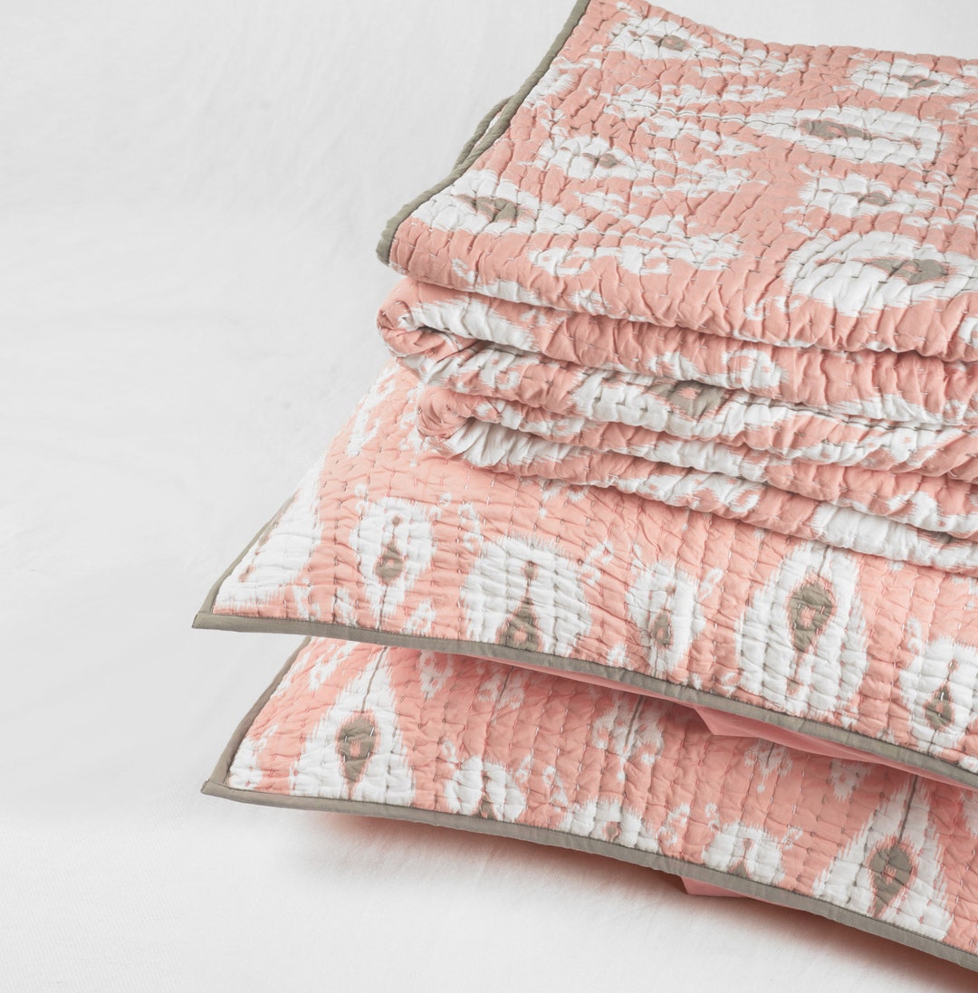 QUILTED BED SET - Coral Ikat Print Cotton Kantha With Stripe Pattern ...
