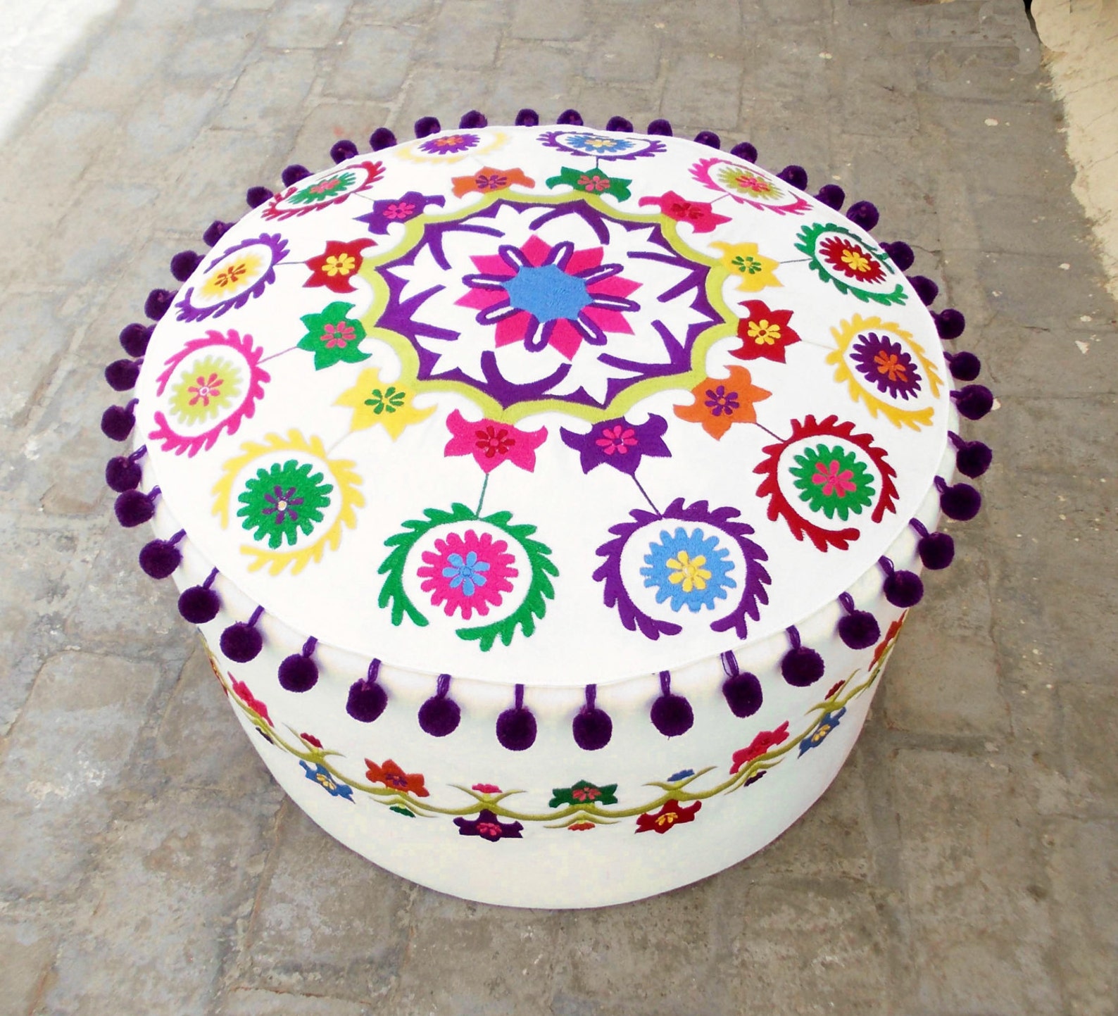 Suzani Embroidered Pouf Cover, Bohemian Ottoman With Pompoms, 22x12 ...