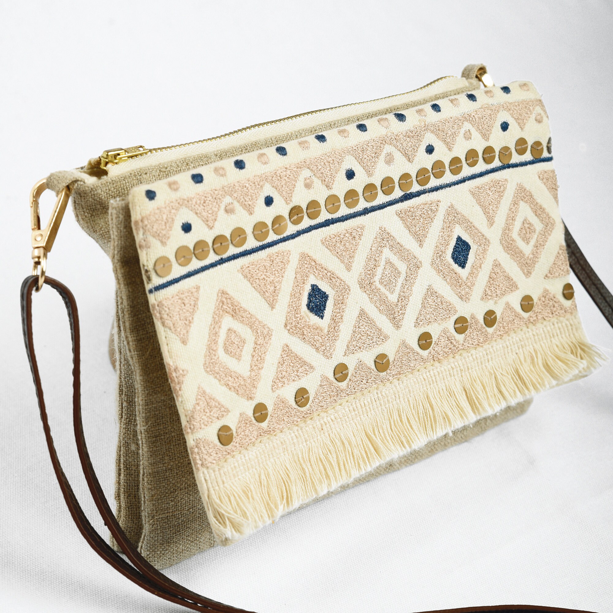 Boho Linen Sling Bag With Leather Strap, Embroidered Fringe - Etsy