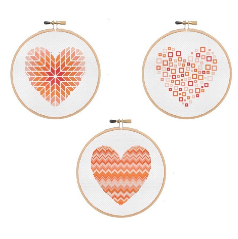3 geometric cross stitch heart patterns hearts set of 3 | Etsy