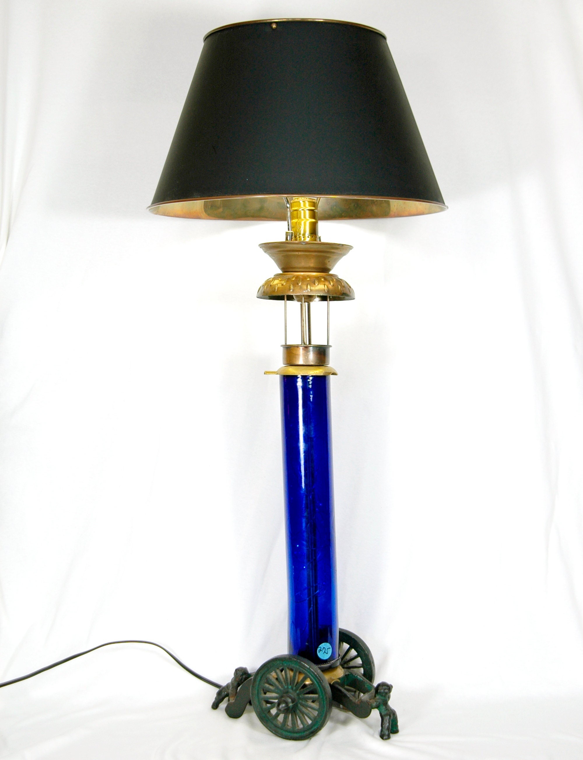Recycled Blue Glass Tube Table Lamp W/ Interior LED and Brass Accents ...