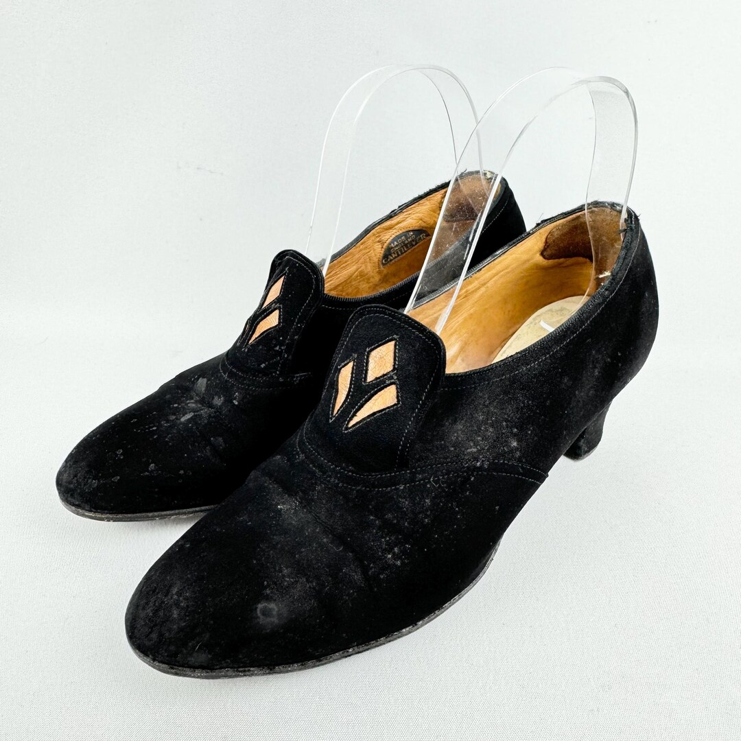 Original 1940's CC41 Black Suede Court Shoes With Brown Leather Trim ...