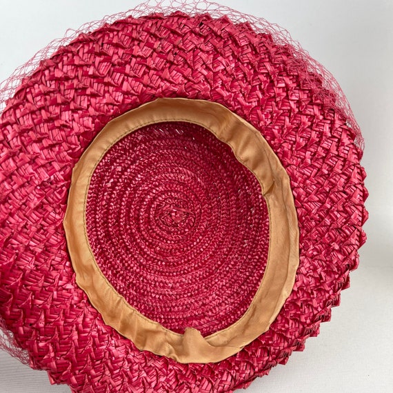 Original 1940's Stunning Pink Coarse Straw Hat with G… - Gem