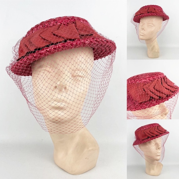 Original 1940's Stunning Pink Coarse Straw Hat with G… - Gem