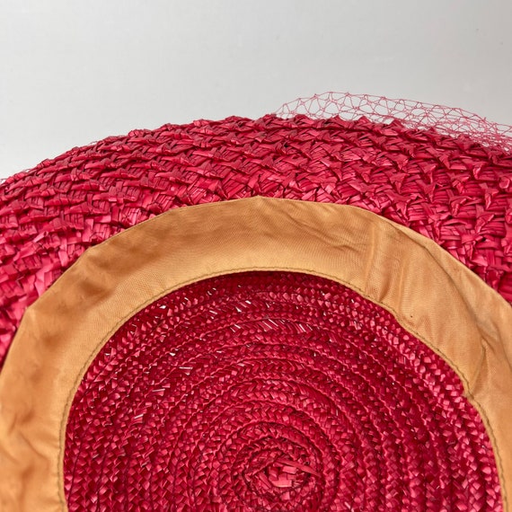Original 1940's Stunning Pink Coarse Straw Hat with G… - Gem