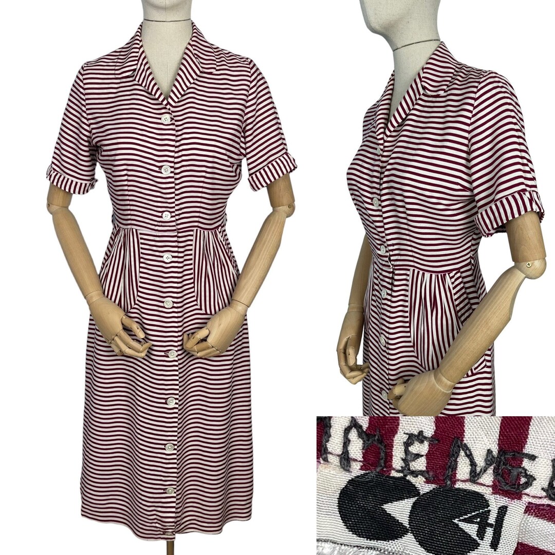 Original 1940’s CC41 Burgundy and White Floppy Cotton Day Dress With ...