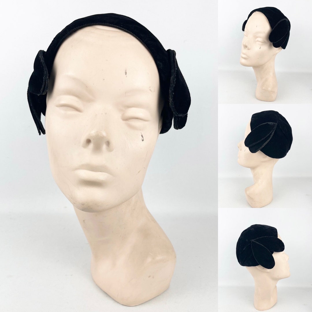 Original 1920's 1930's Black Cotton Velvet Close Fitting Hat With Leaf ...