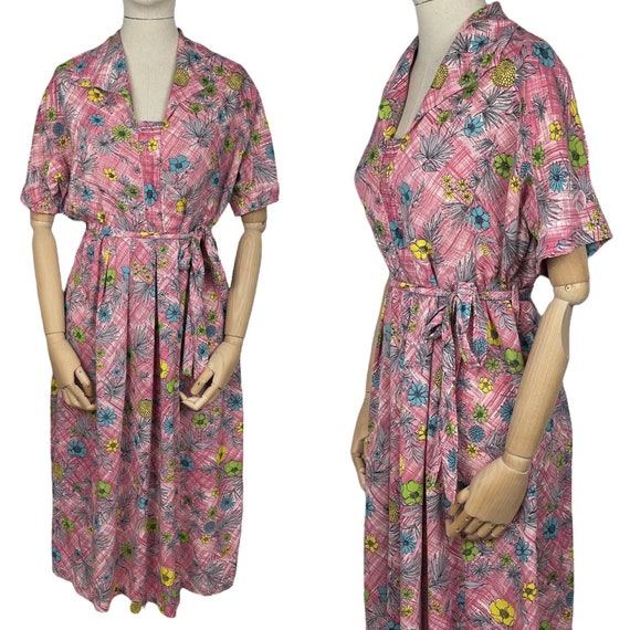 Original 1950's Pink Cotton Dress with Floral Print i… - Gem