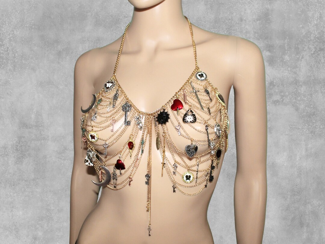 LOVE SPELLER Charmed Body Harness - Gold Chain, Charms, Rave Outfit, Swimsuit Cover, Chained ...