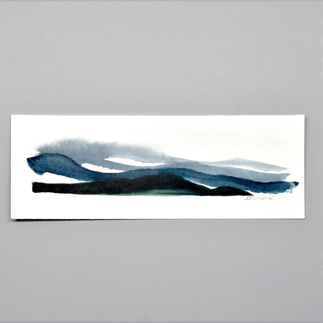 Small Abstract Watercolor Landscape Painting, Blue Teal Mountains (1x4 ...