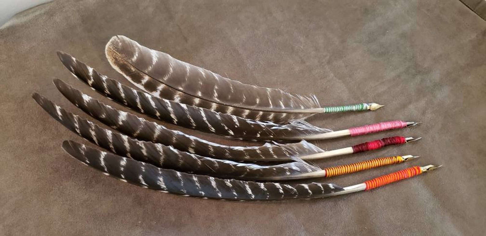 Wild turkey quill with metal tip and red and gold thread | Etsy