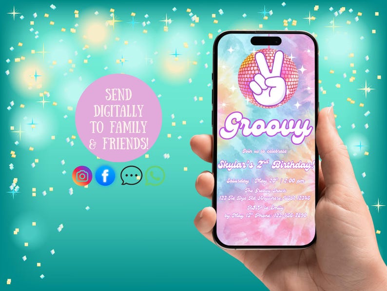 Two Groovy Birthday Invitation, Retro Peace Sign Digital Invite, Tie ...