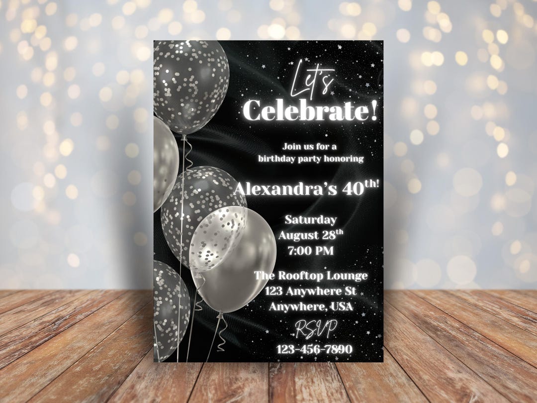 Silver Glitter Birthday Invitation, Let’s Celebrate Balloons Digital ...