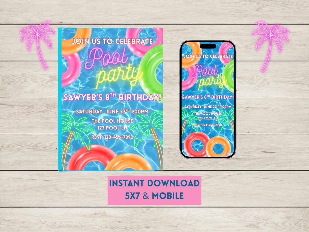 Editable Pool Party Invitation Swim Party Invite Kids Swim Party Neon ...