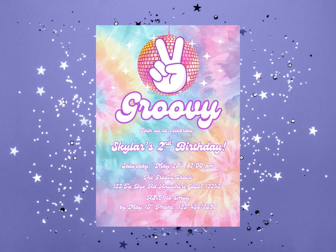 Two Groovy Birthday Invitation, Retro Peace Sign Digital Invite, Tie ...