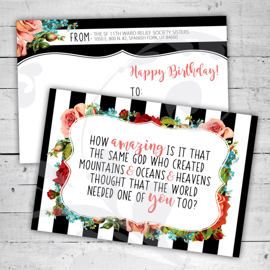 Relief Society Birthday Card | LDS Birthday Postcard | Black & White ...