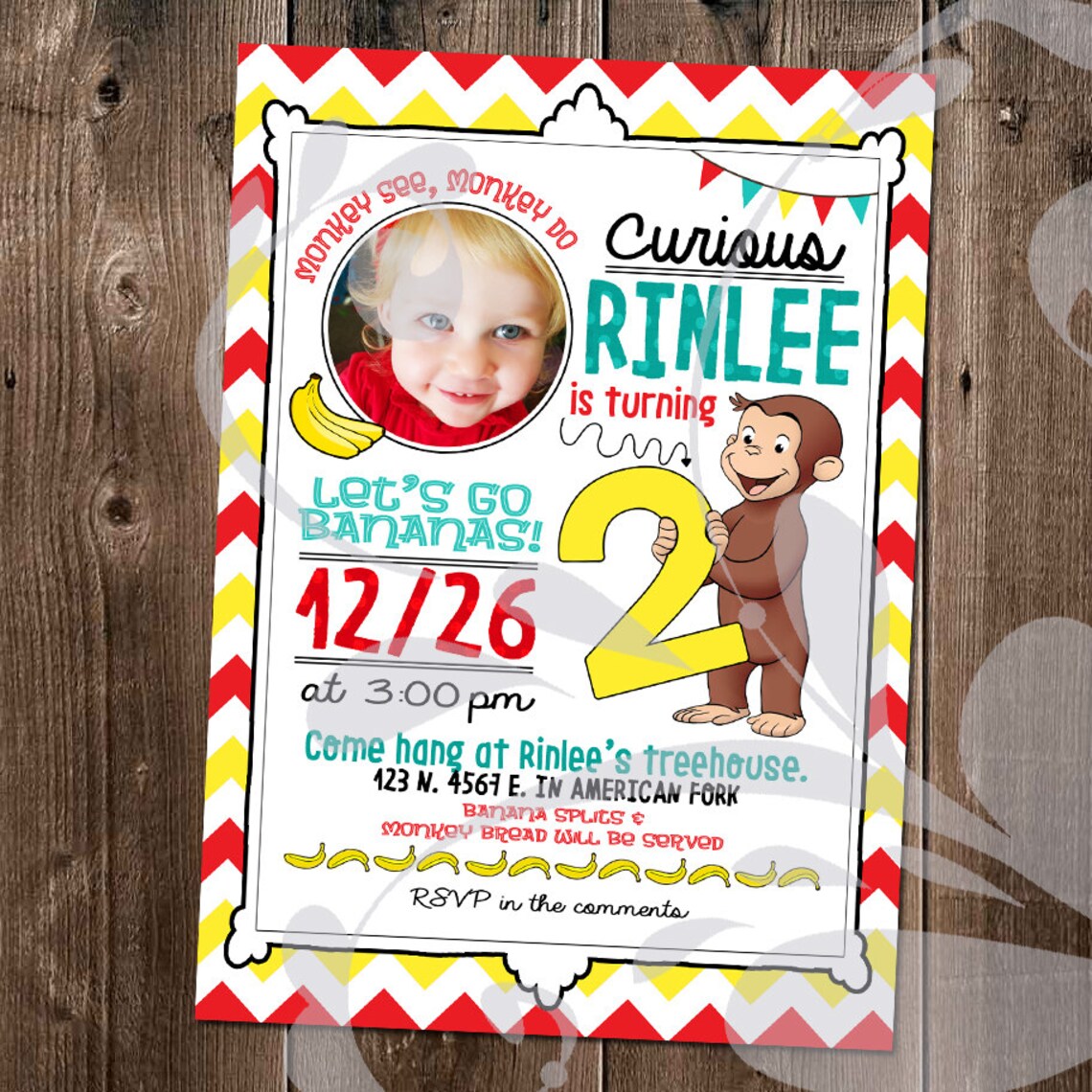 Curious George Party Invitation Monkey Birthday Invite With - Etsy