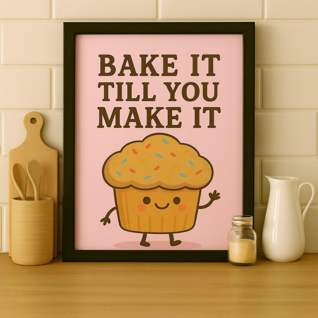 Food Pun Kitchen Print: Bake It Till You Make It Muffin Art (digital ...