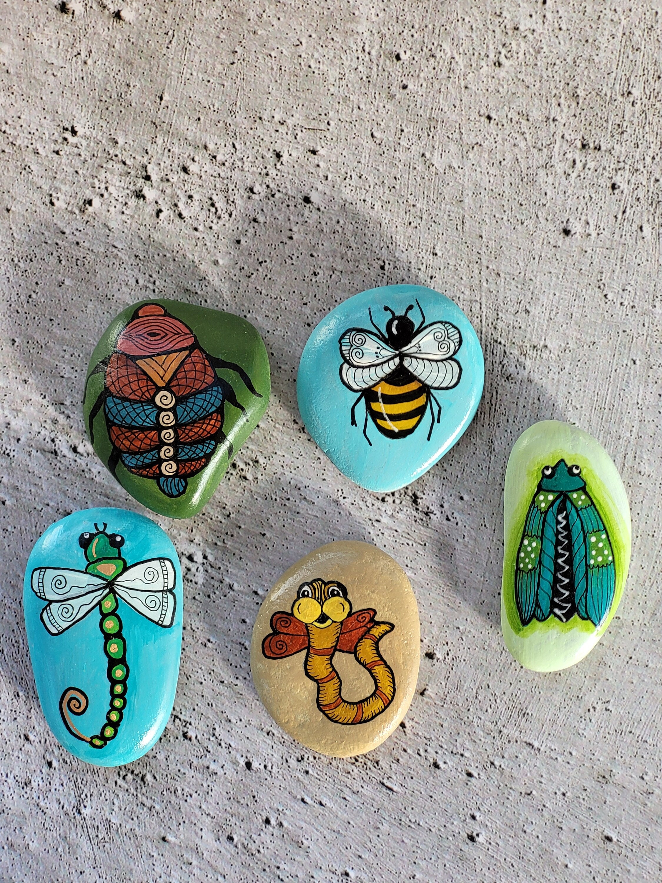 Whimsical Insects Hand Painted River Rocks Bee & Dragonfly, Perfect for ...