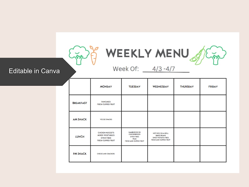 Weekly Daycare Menu Editable Template, Preschool Menu, Weekly Menu ...