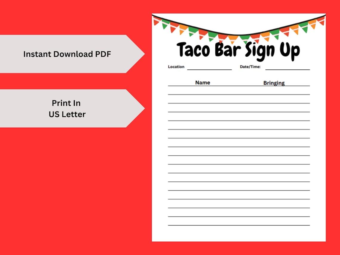 Taco Bar Sign Up, Taco Tuesday, Meal Sign up Sheet, Taco Bar Menu ...