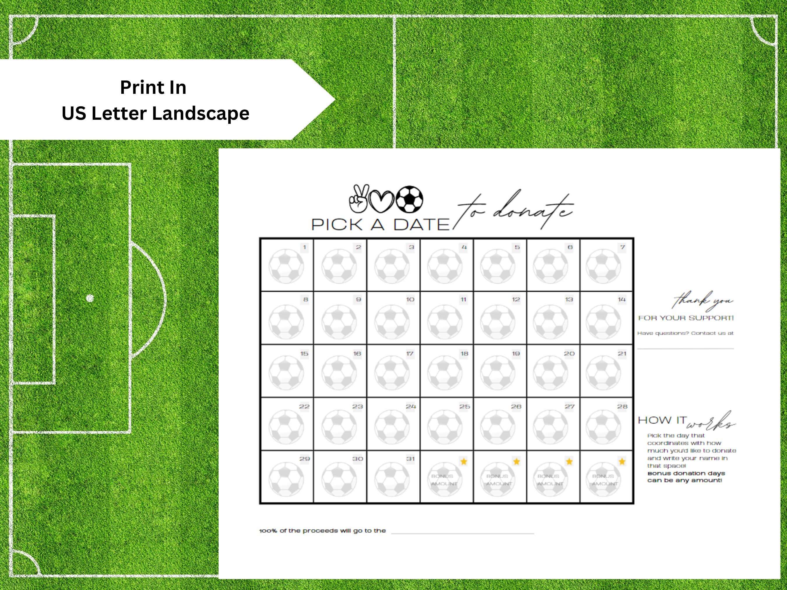 Soccer Fundraiser Calendar, Pick a Date Fundraiser, Sports Fundraiser ...