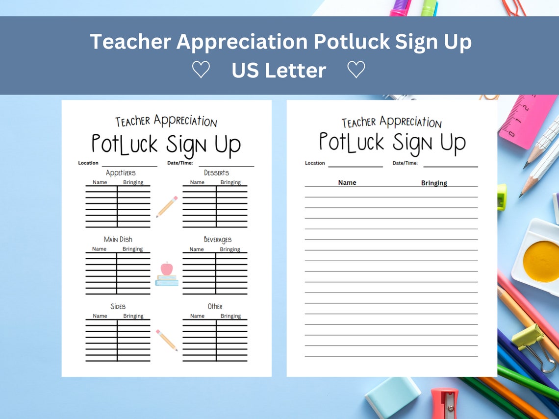 Teacher Appreciation Potluck Sign Up, Meal Sign up Sheet, Office ...