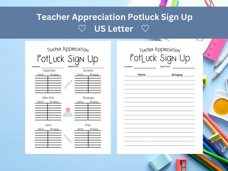 Teacher Appreciation Potluck Sign Up, Meal Sign up Sheet, Office ...