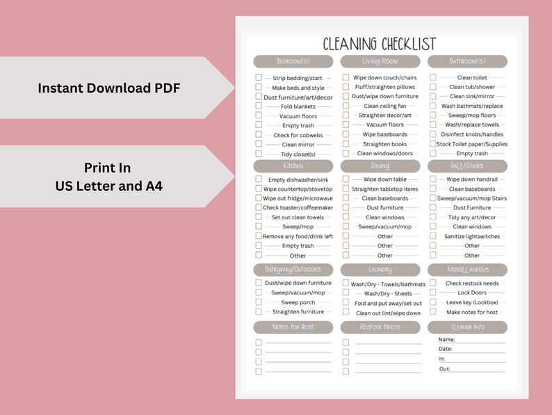 Editable Cleaning Checklist, Cleaning List for Airbnb, Vacation Rental ...