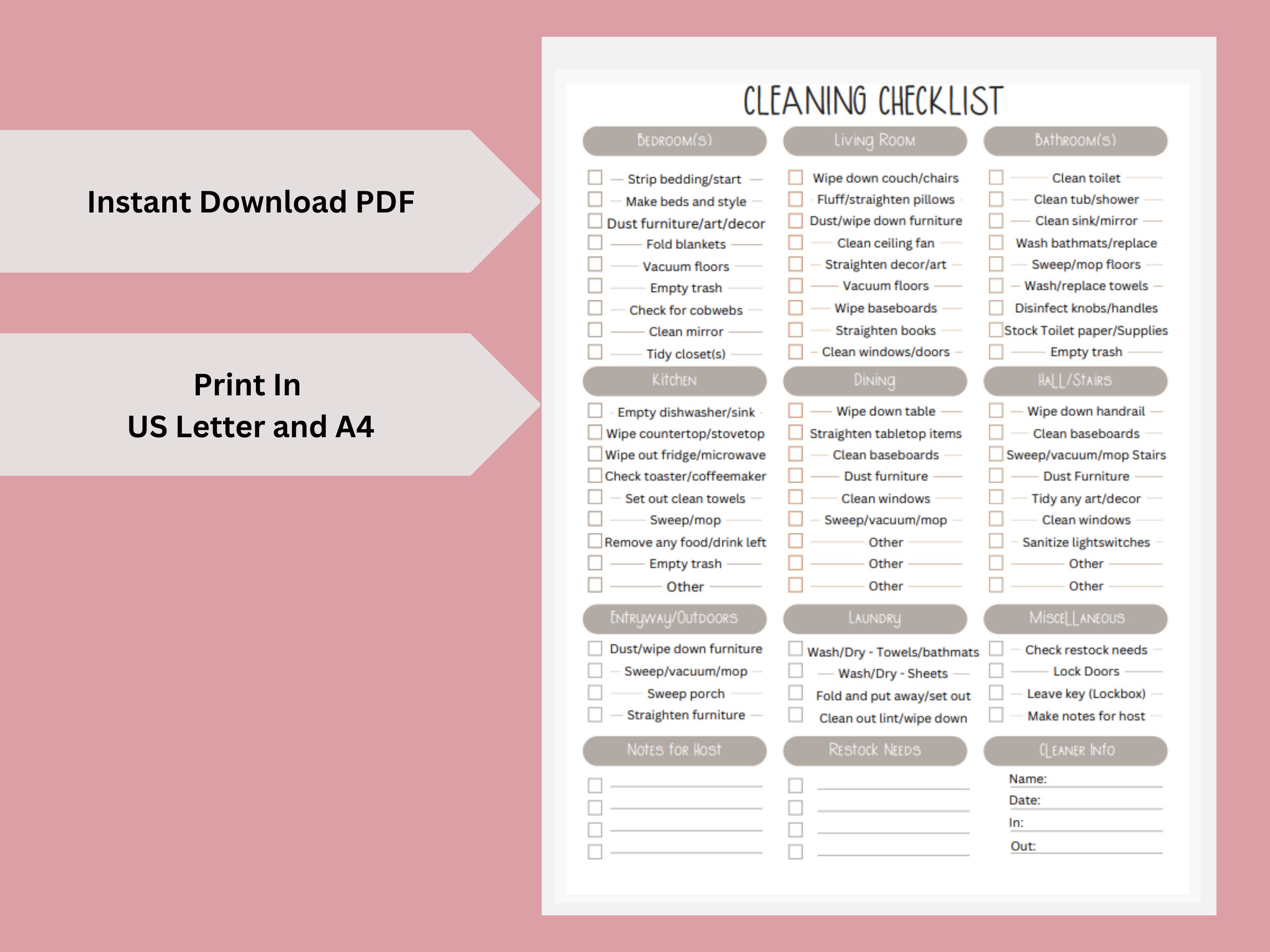 Editable Cleaning Checklist, Cleaning List for Airbnb, Vacation Rental ...