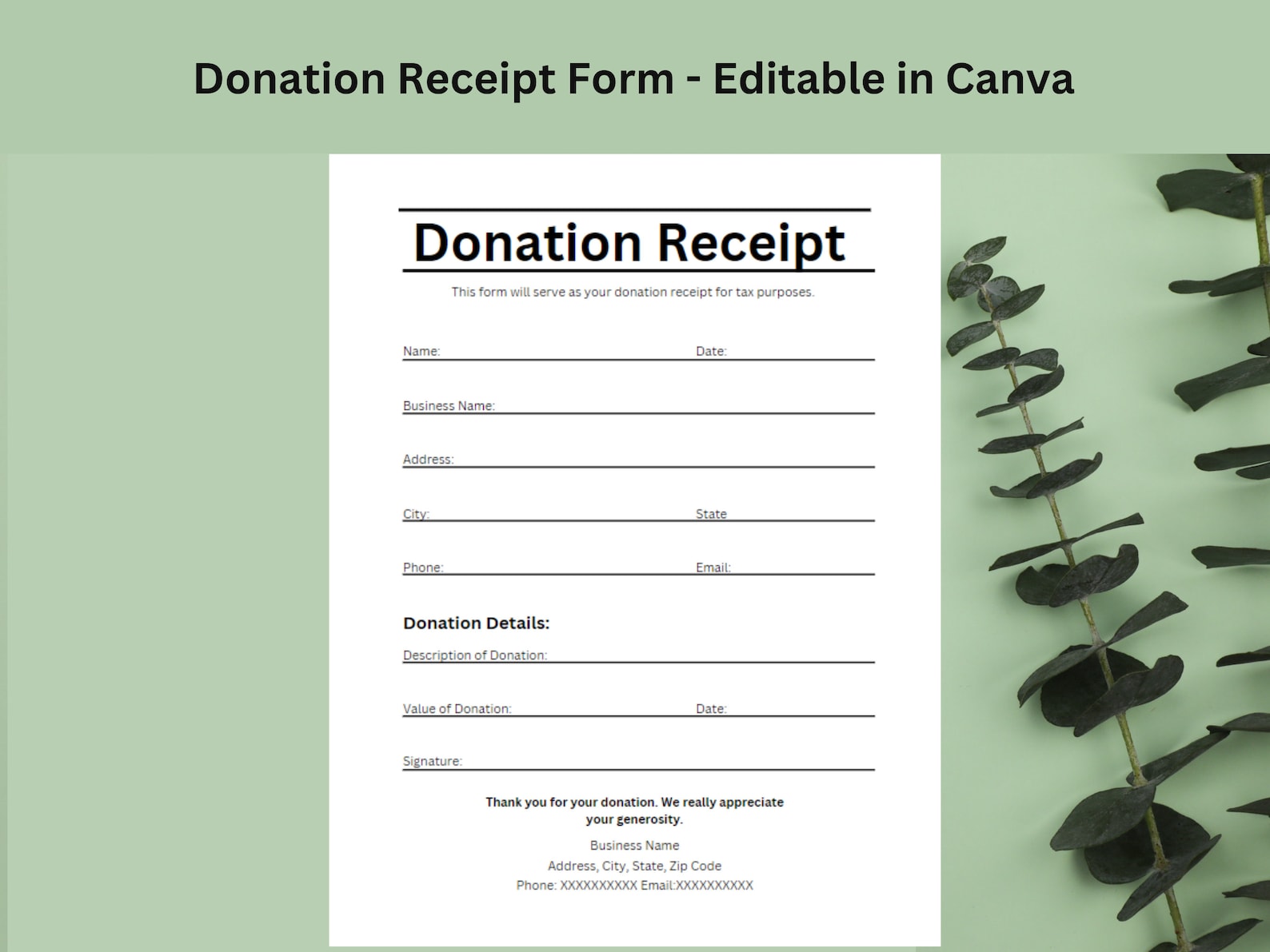 Donation Receipt Form, Editable Template for Donations, Nonprofit ...